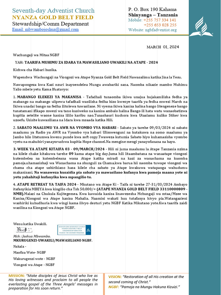 Barua Muhimu Idara Ya Uwakili&Mawasiliano March 2024. | PDF