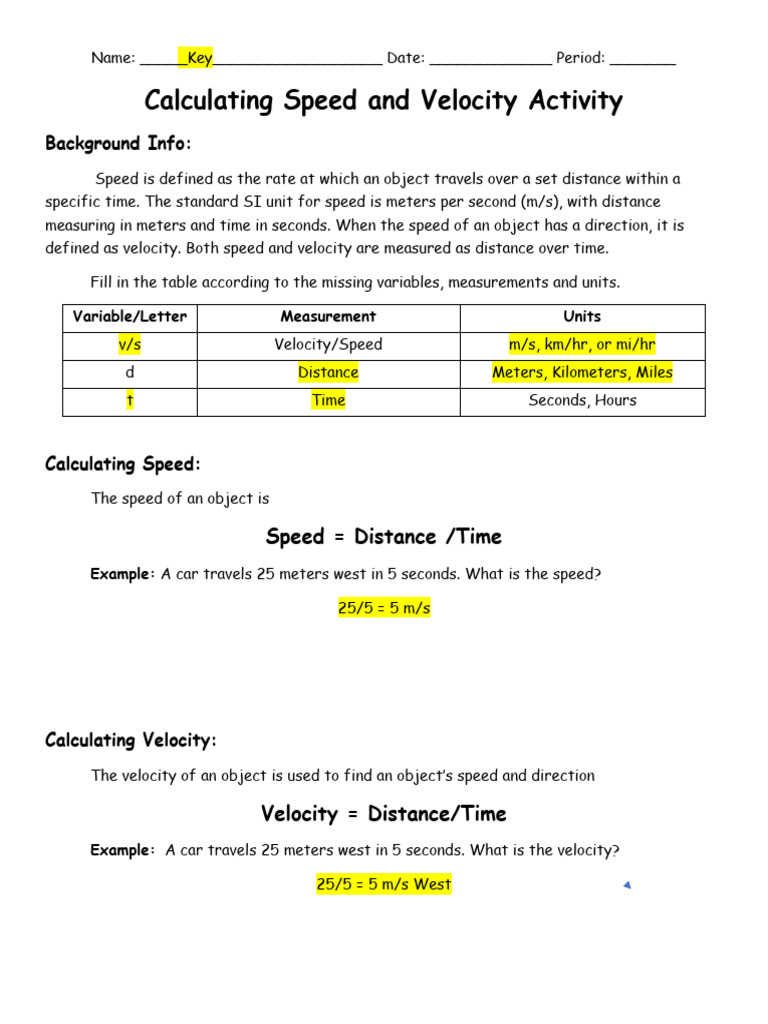 Calculating Speed and Velocity Activity Key | PDF | Speed | Velocity