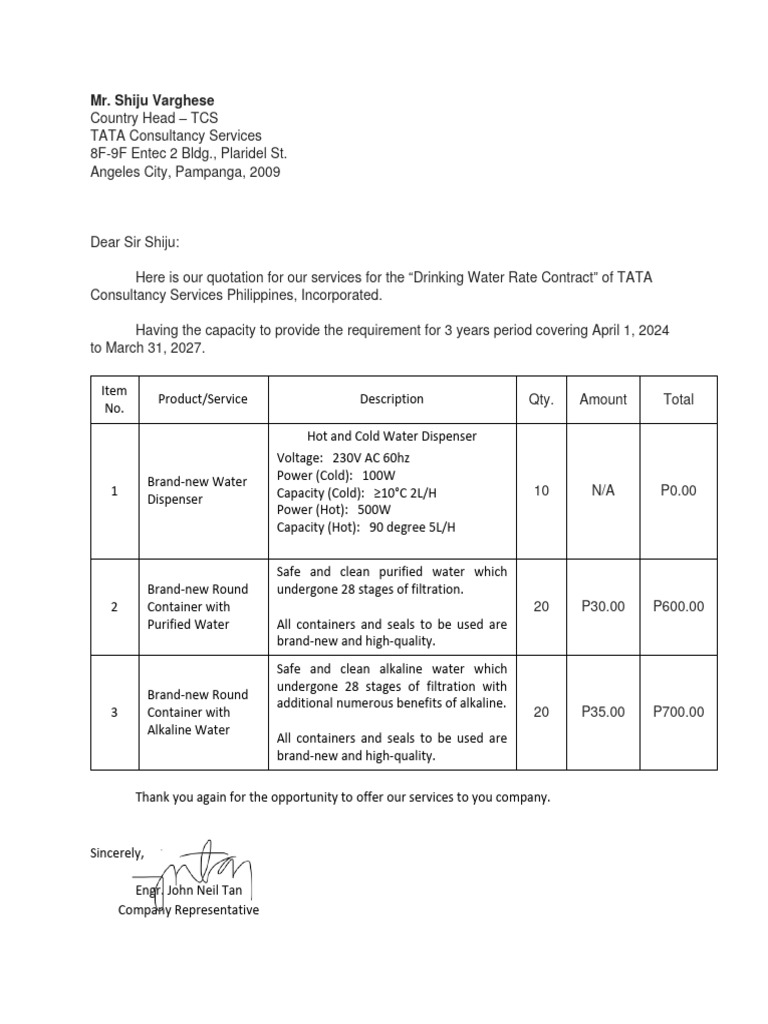 TCS Quotation Letter | PDF | Home & Garden