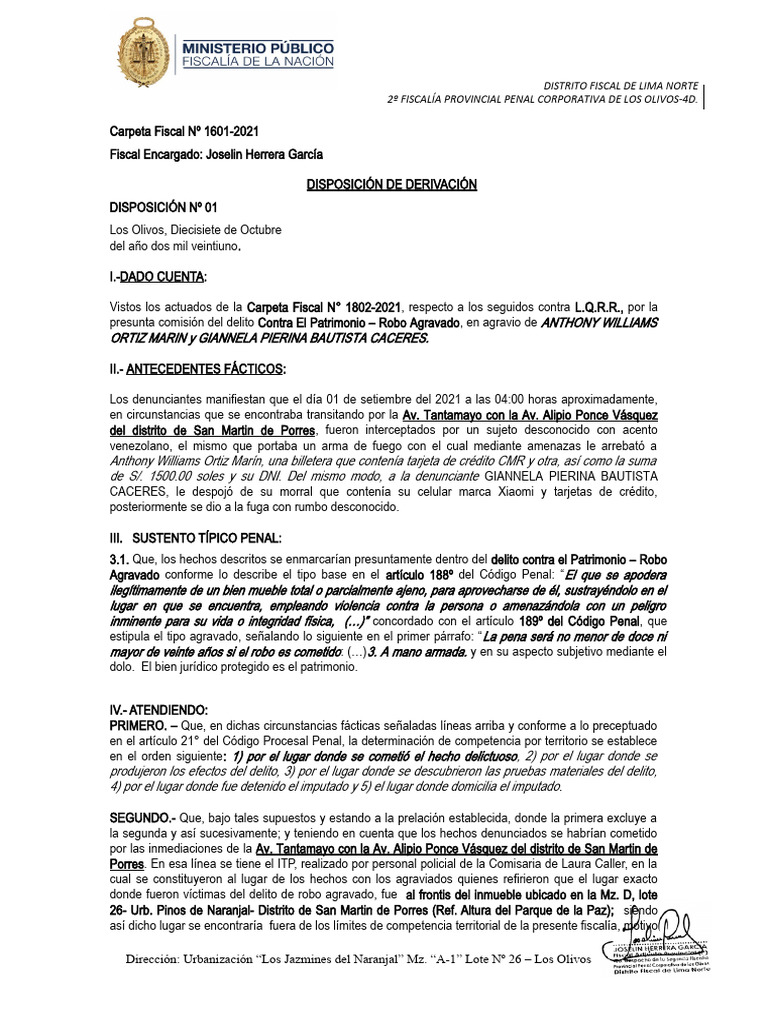 Cf. 1601-2021 Derivacion Lima Norte | PDF | Robo | Fiscal