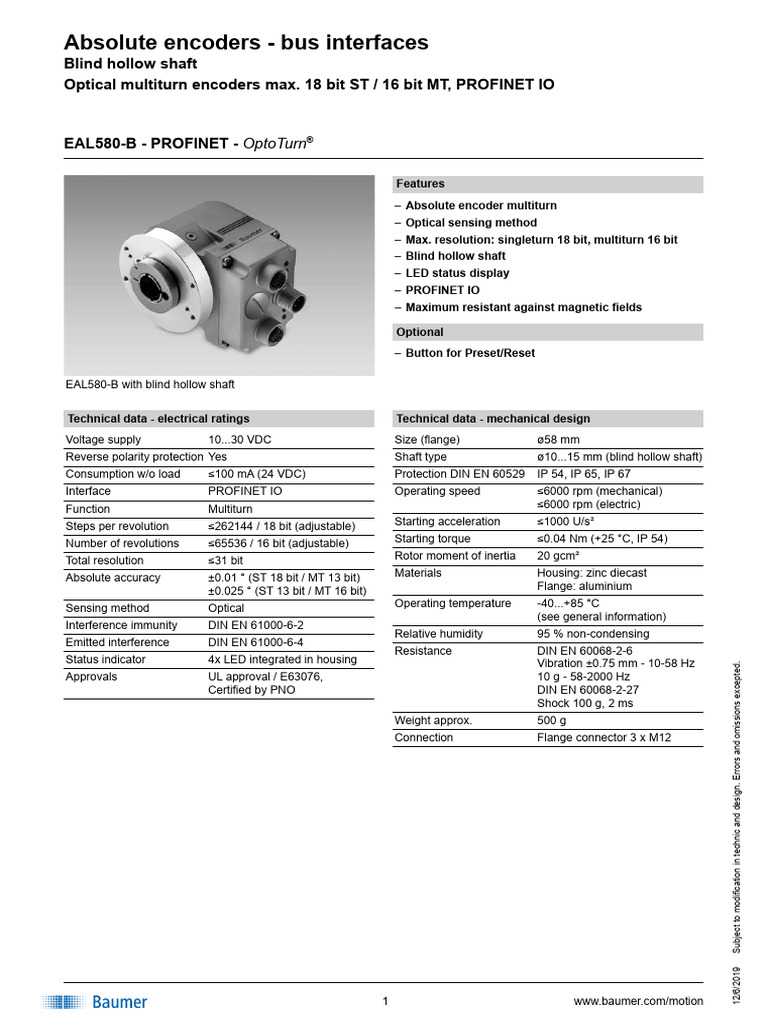 Baumer EAL580-B PROFINET Absolute Encoders | PDF | Electrical ...