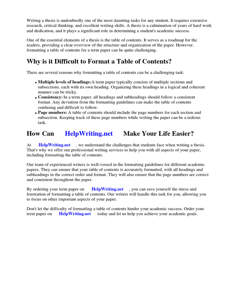 Table of Contents Format For Term Paper | PDF | Apa Style | Thesis