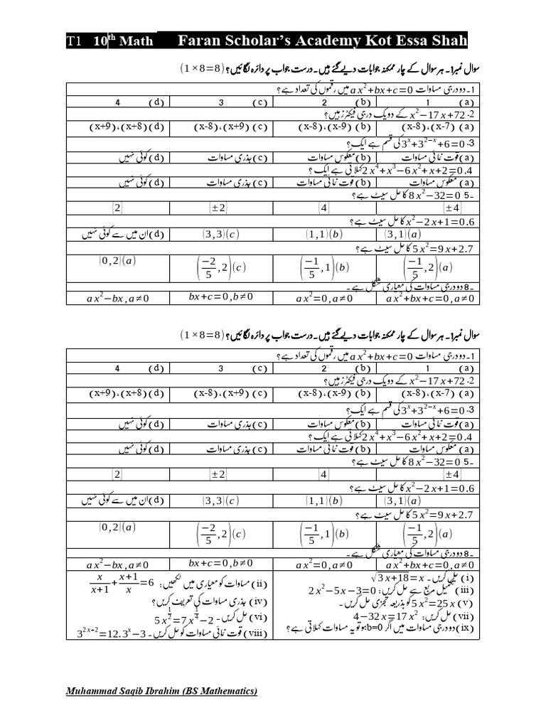 Faran Scholar's Academy Kot Essa Shah: Muhammad Saqib Ibrahim (BS Mathematics) | PDF