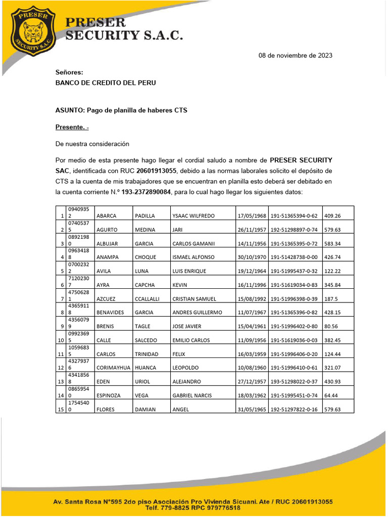 Carta de Instruccion CTS BCP | PDF