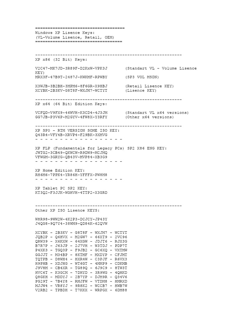 Windows XP Lisence Keys | PDF | Windows Xp | Computing