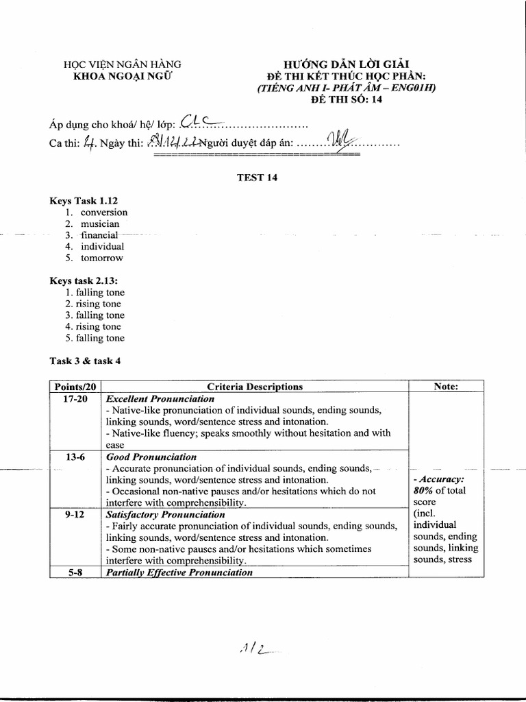 52ce1dbb - Tieng Anh I Phat Am ENG01H de 14 CA 4 Ngay 28.12.22 He CLC | PDF | Human ...