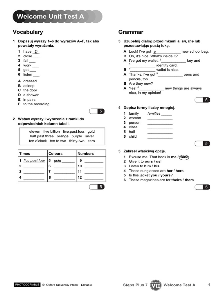 Steps Plus Dla Klasy Vii Testy Do Rozdzialow-Kopia | PDF