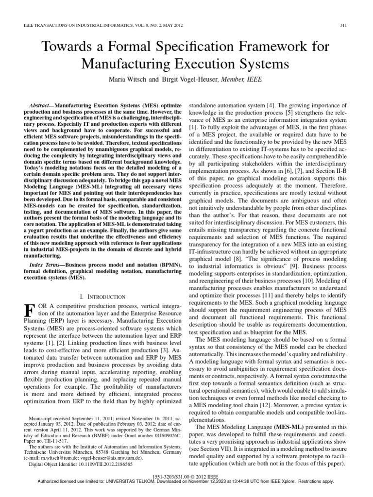 Towards A Formal Specification Framework For Manufacturing Execution Systems Pdf System 