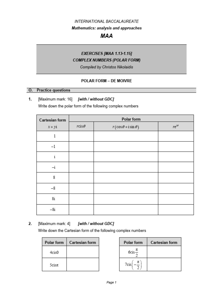 Polar Form of Complex Numbers Worksheet | PDF | Complex Number ...