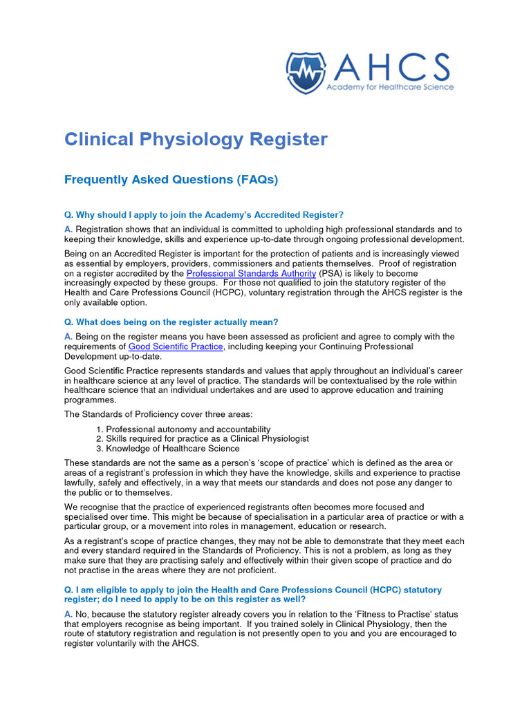 AHCS Clinical Physiology FAQs 29 09 2017 | PDF | Health Care | Social ...