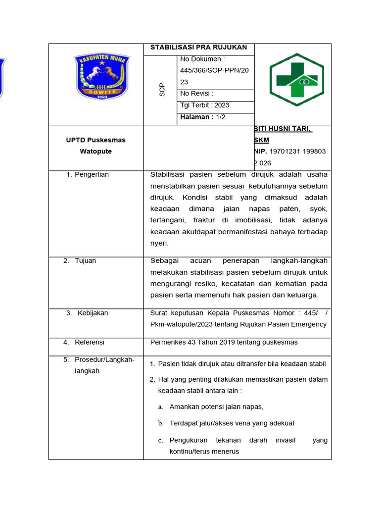 Sop Stabilisasi Pra Rujukan SD | PDF