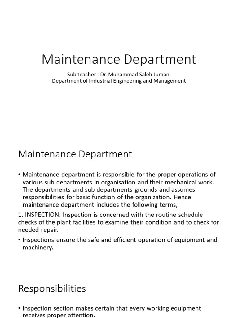 Lec 05 Maintenance Department | PDF | Technology & Engineering Lec 05 Maintenance Department | PDF | Technology & Engineering