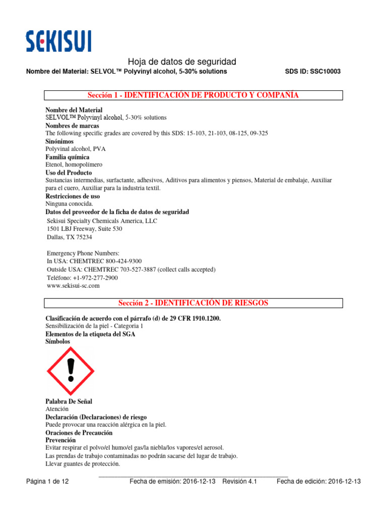 ssc10003 Selvol Pvoh Solution Fully Osha Es Ver 4.1 | PDF | Agua ...