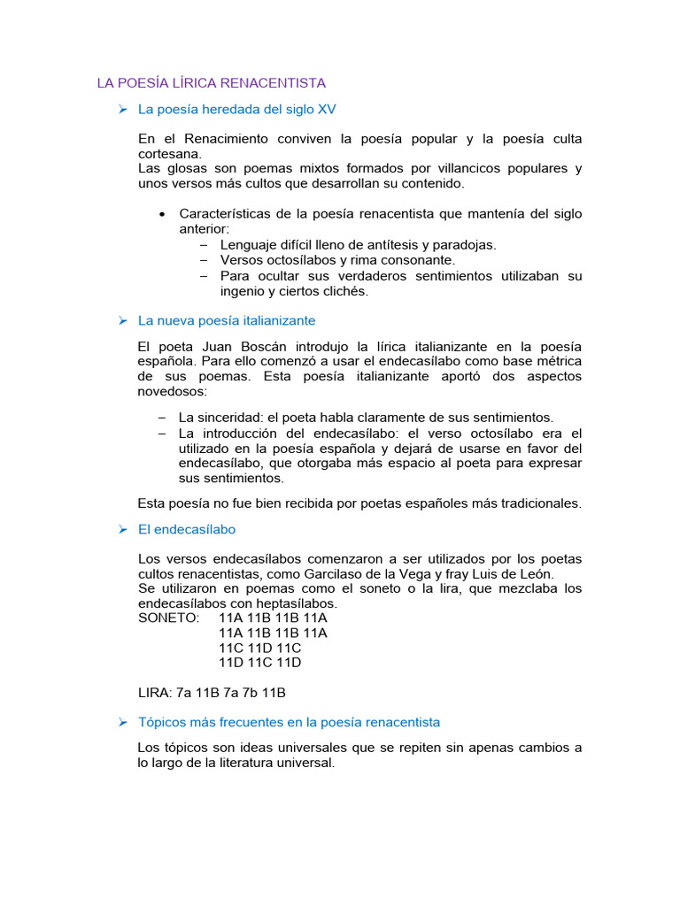 La Poesía Lírica Renacentista | Descargar gratis PDF | Poesía | Metro ...