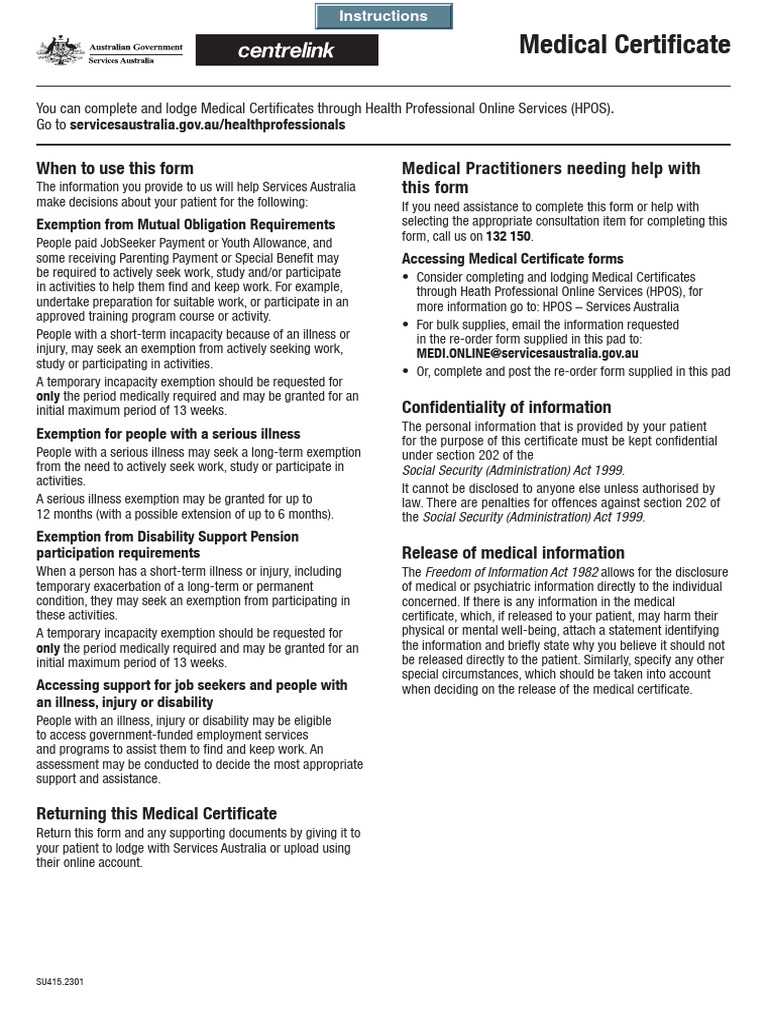 Centrelink - Medical Certficate Template | PDF | Mental Disorder | Major Depressive Disorder