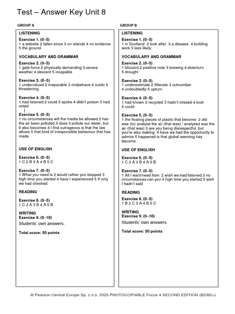 Focus4 Test Unit8 ANSWERS | PDF | Earth Sciences | Natural Environment