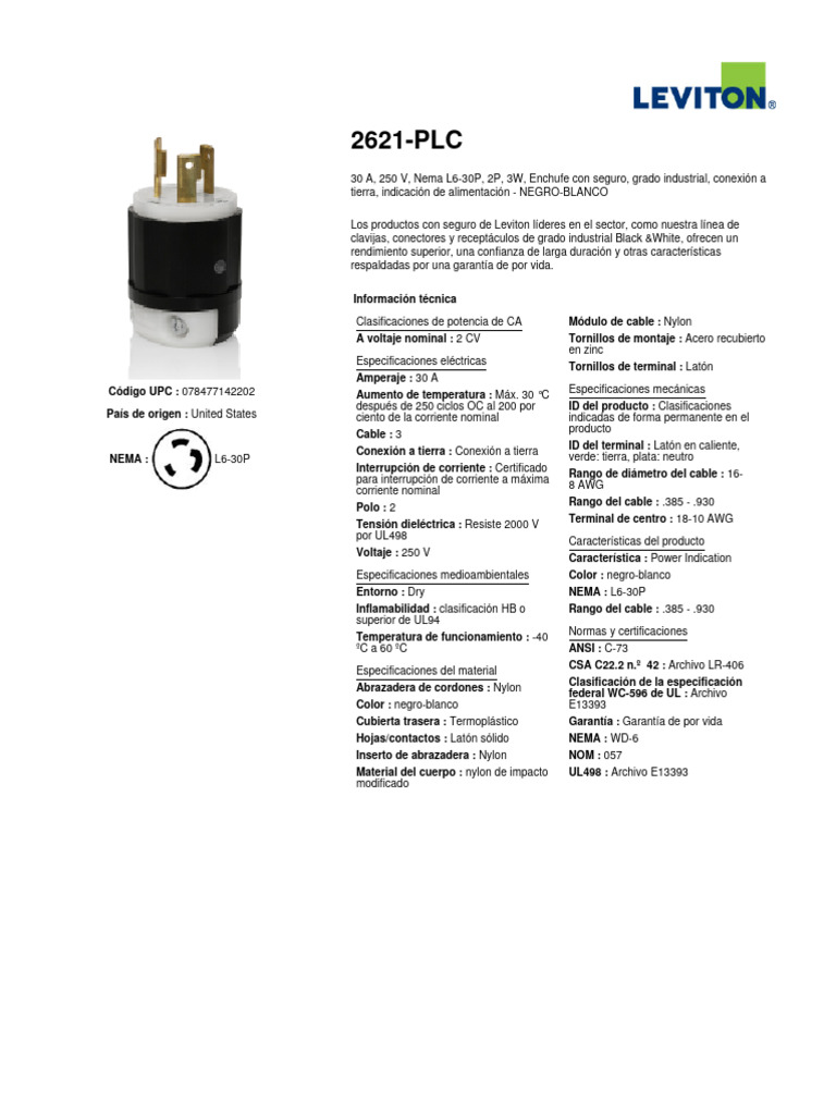 Especificaciones del Enchufe NEMA L6-30P | PDF | Enchufes y tomas de ...
