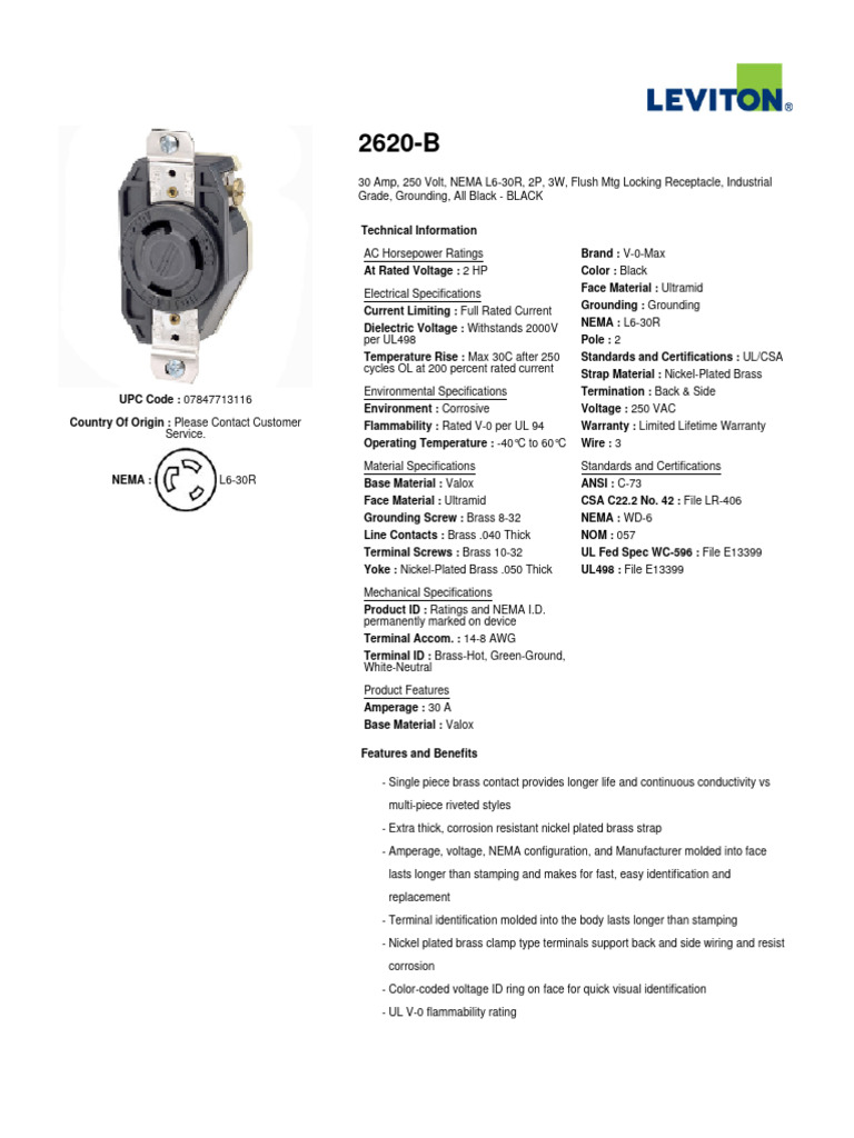 Product Spec or Info Sheet - 2620-B (L6-30R) | PDF | Alternating Current | Electrical Engineering