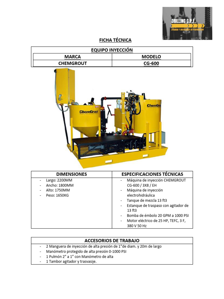 Ficha Técnica Inyectora CG600-1 CHEMGROUT | PDF