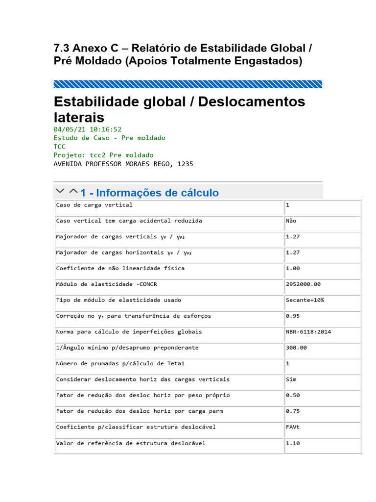 7.3 Anexo C - Relatório de Estabilidade Global - Pré Moldado (Apoios Totalmente Engastados ...