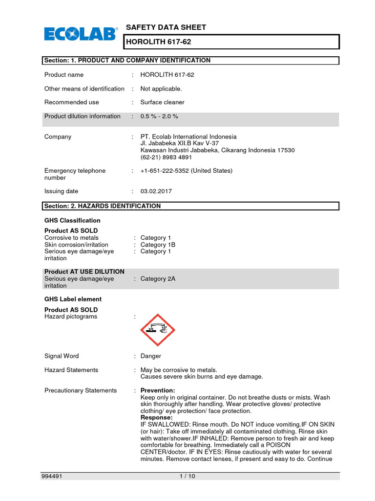 HOROLITH_617_62_English SDS | PDF | Toxicity | Waste Management