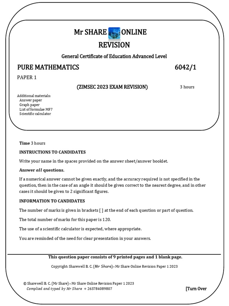 2023_PAPER_1_(A'LEVEL_PURE MATHEMATICS)_FINAL REVISION Mr SHARE | PDF | Circle | Area
