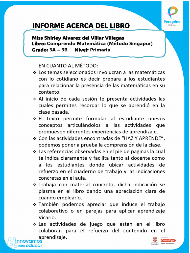 informe libro matematica | PDF | Enseñando | Aprendizaje
