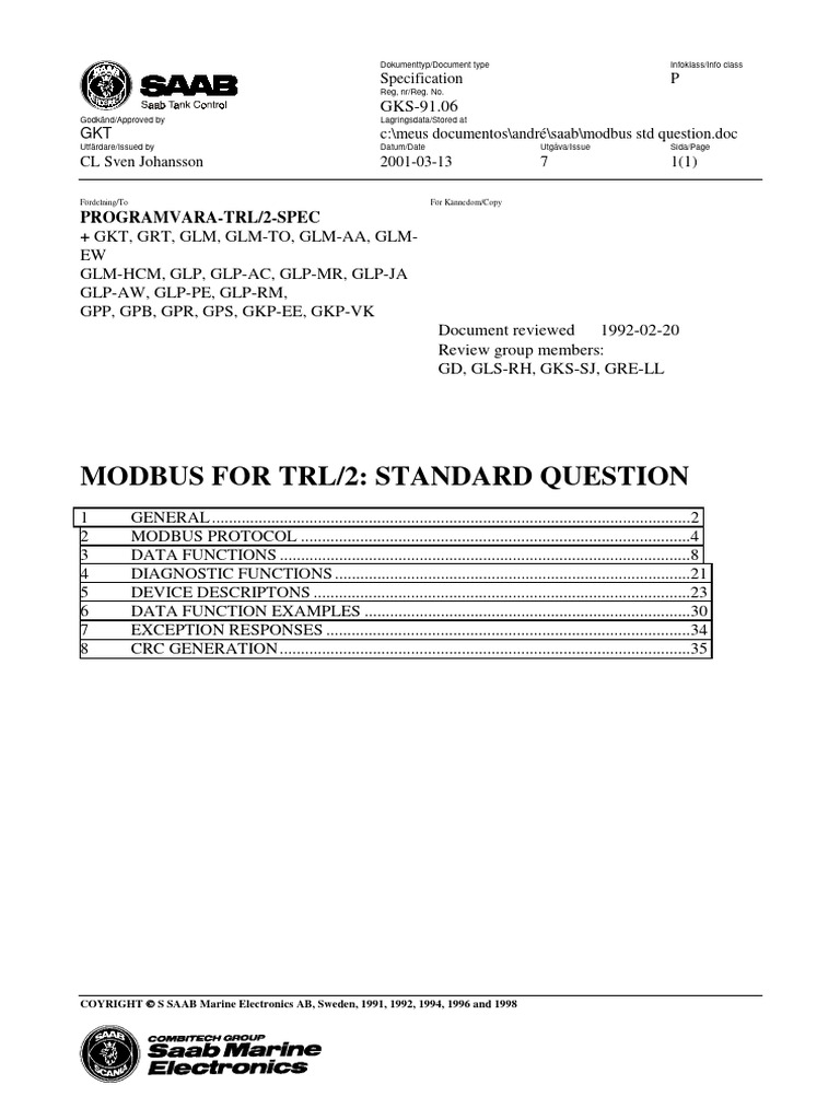 Saab TankRadar Modbus Protocol Guide | PDF | Error Detection And ...