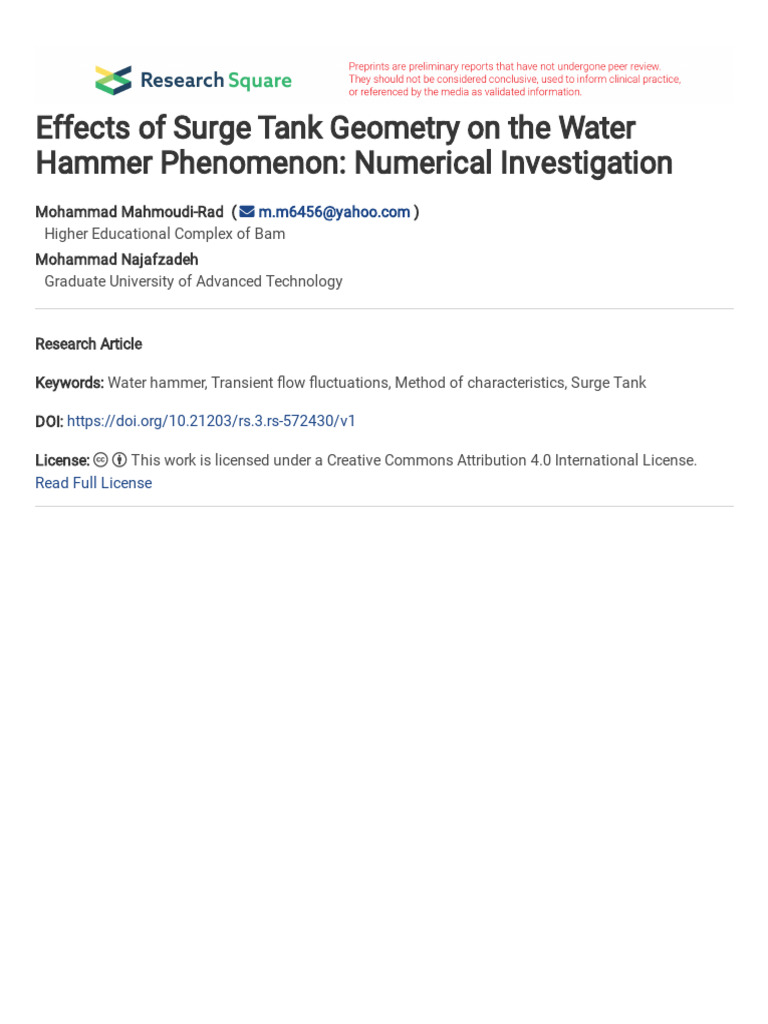 Effects of Surge Tank Geometry On The Water Hammer | PDF | Continuum ...