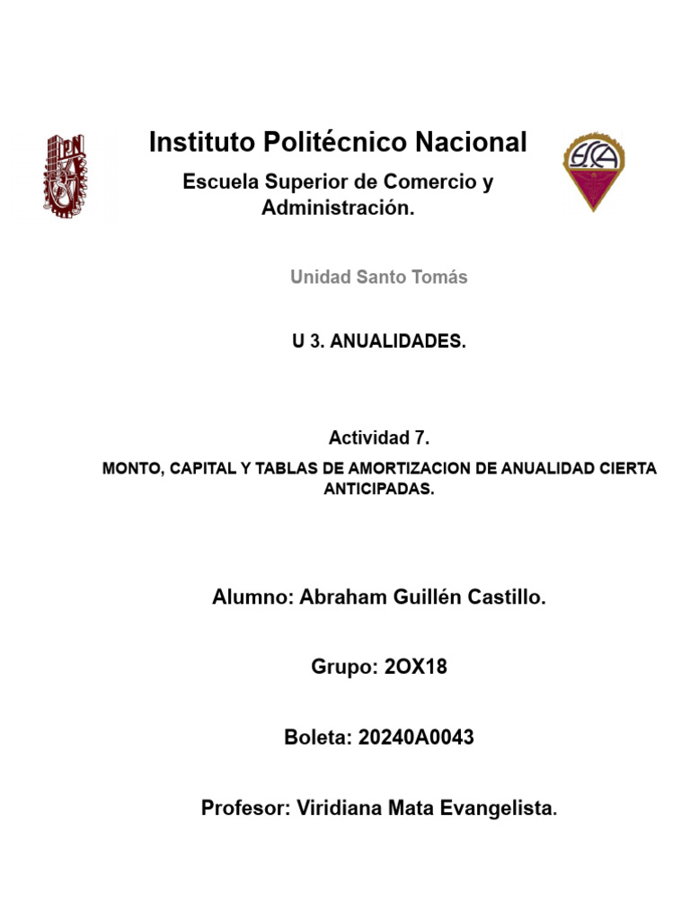 Guillen Abraham Act7 Monto y Capital y Tablas de Amortizacion | PDF | Economias | Dinero