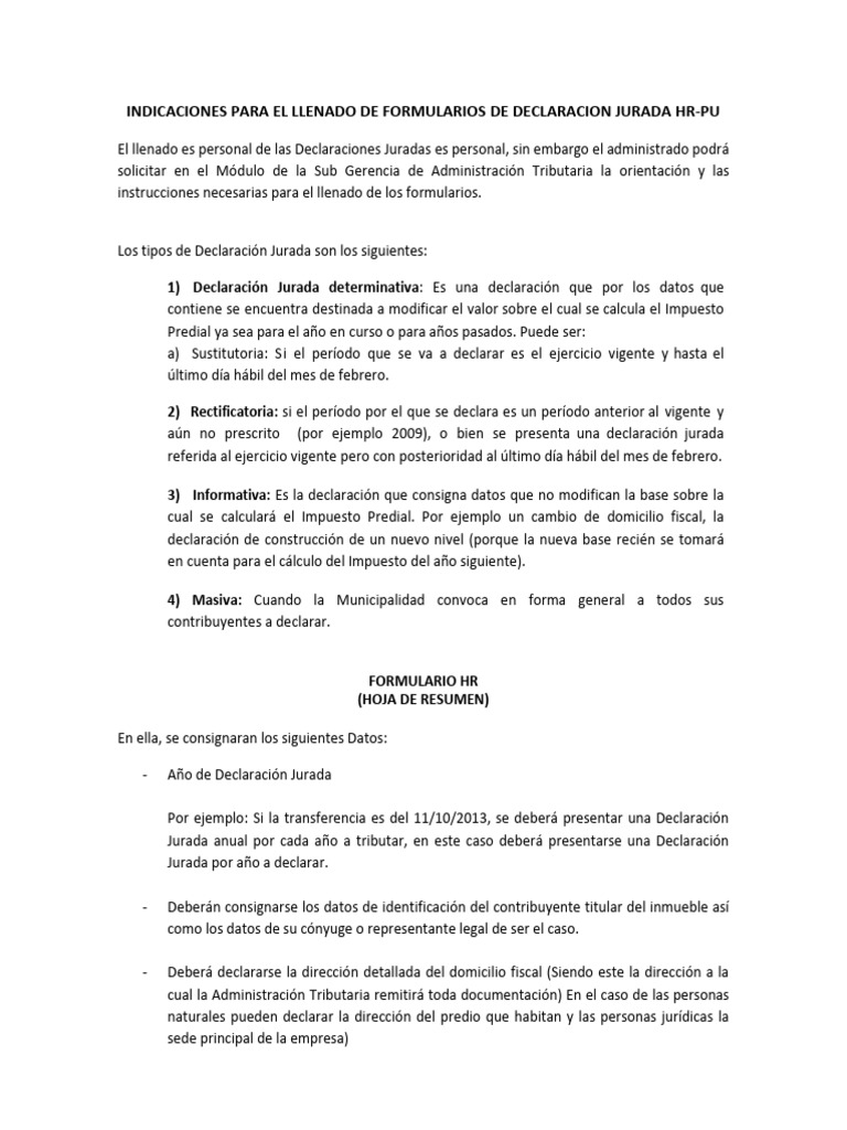 Indicaciones Para Llenado de Formularios Hr Pu | PDF | Impuestos | Bienes raíces