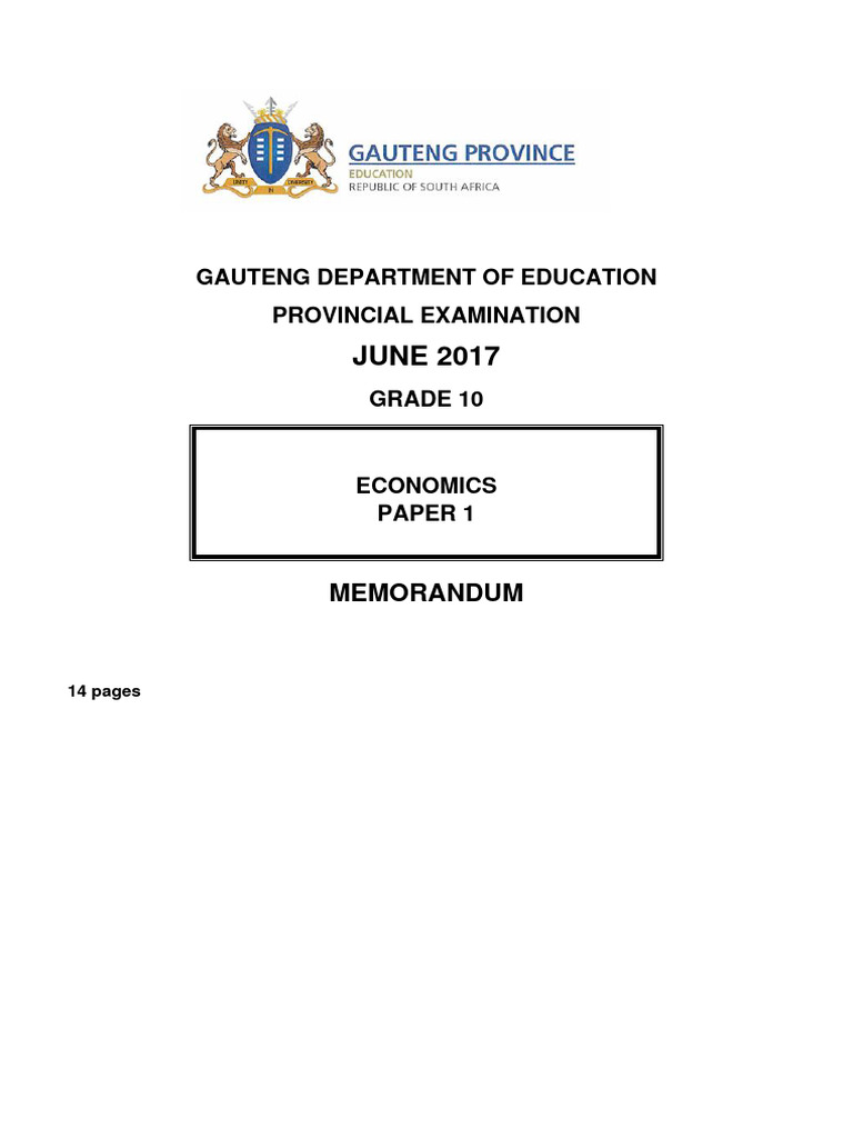 Grade 10 Economics June 2017 Memorandum | PDF | Unemployment | Labour ...