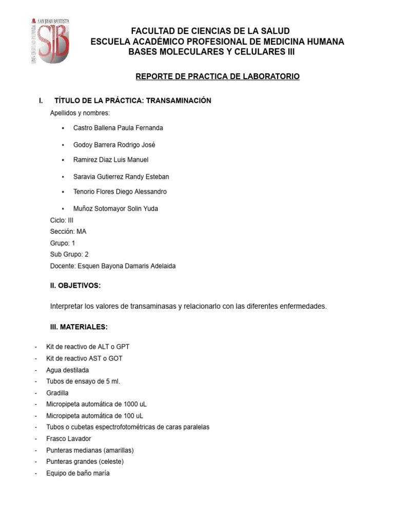 Reporte de Practica de Laboratorio - Semana 13 | Descargar gratis PDF | Transaminasa | Biomoléculas