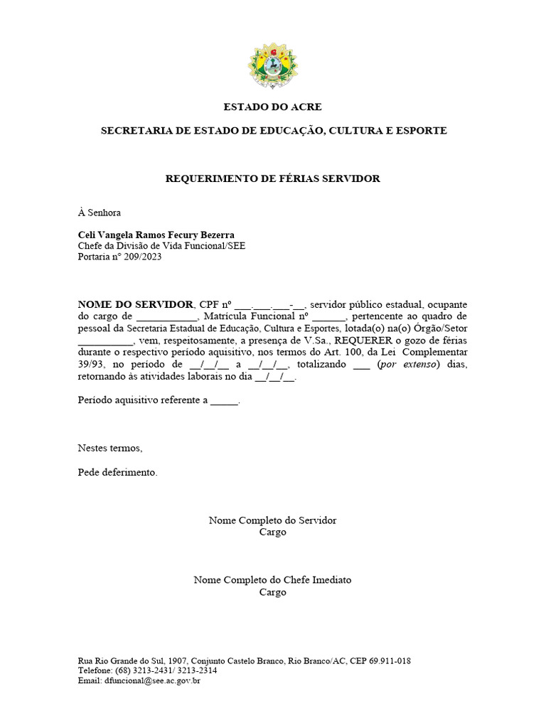 Modelo Requerimento de Ferias Servidor | PDF