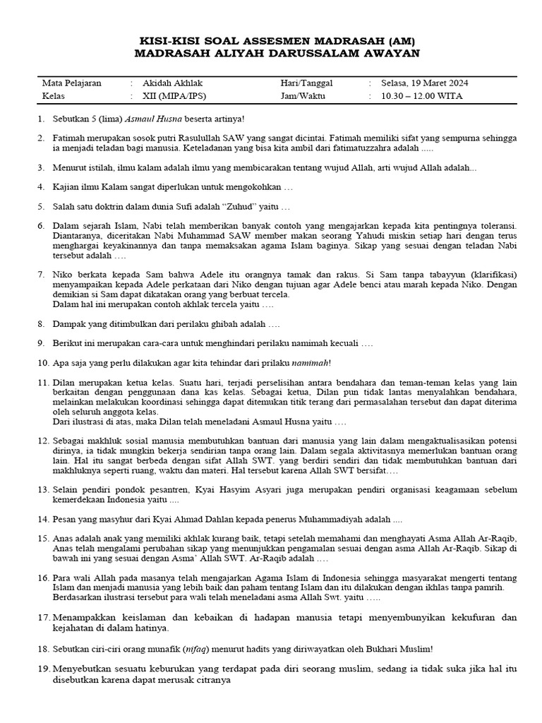 Kisi2 Soal Am 2024 - Akidah Akhlak | PDF | Ilmu Sosial