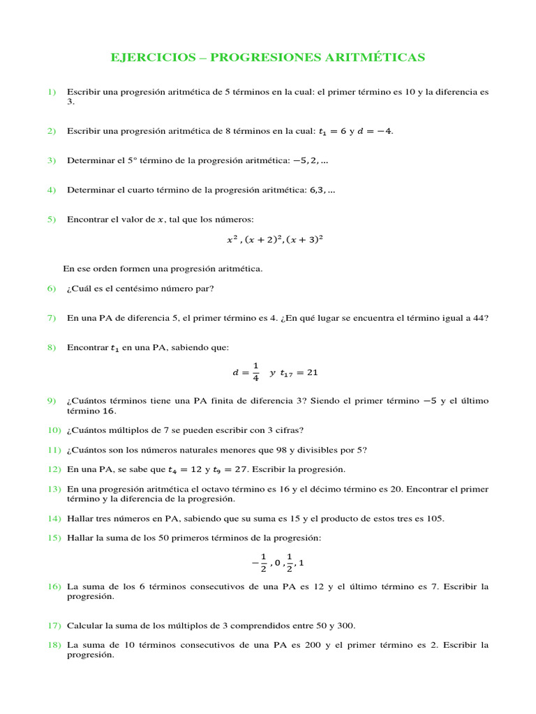Ejercicios - Progresiones Aritméticas | PDF