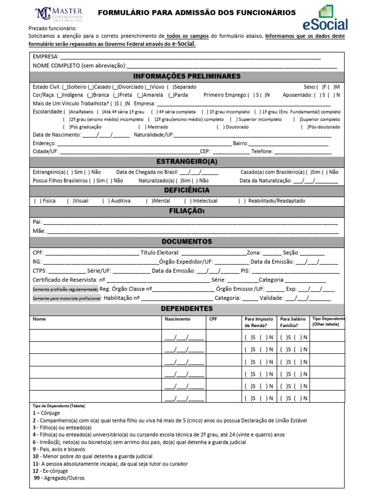 Formulario Admissão E-Social | PDF