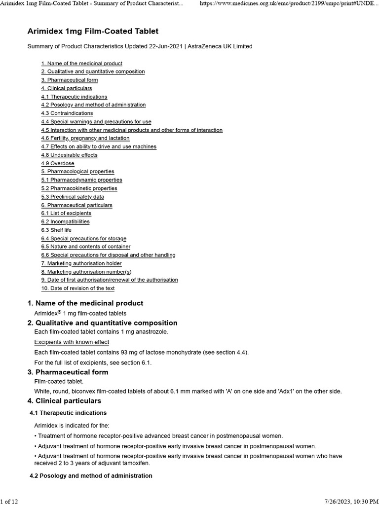 Arimidex 1mg Film-Coated Tablet - Summary of Product Characteristics ...
