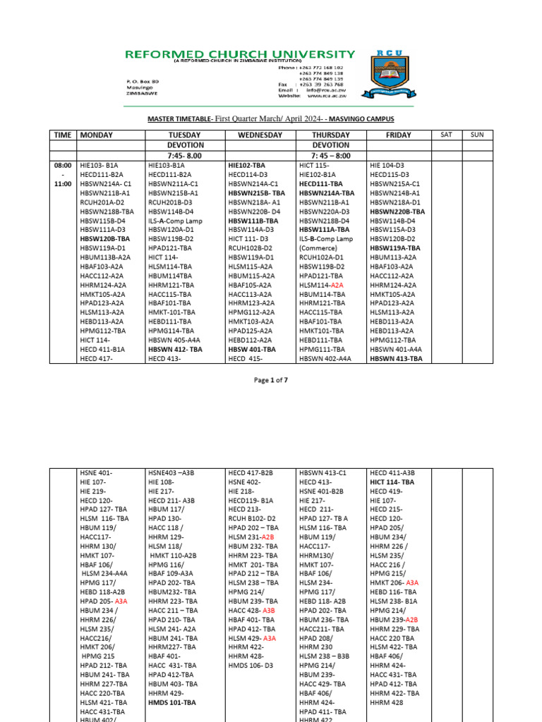 Notice - First Quarter Master Timetable - Masvingo Campus | PDF