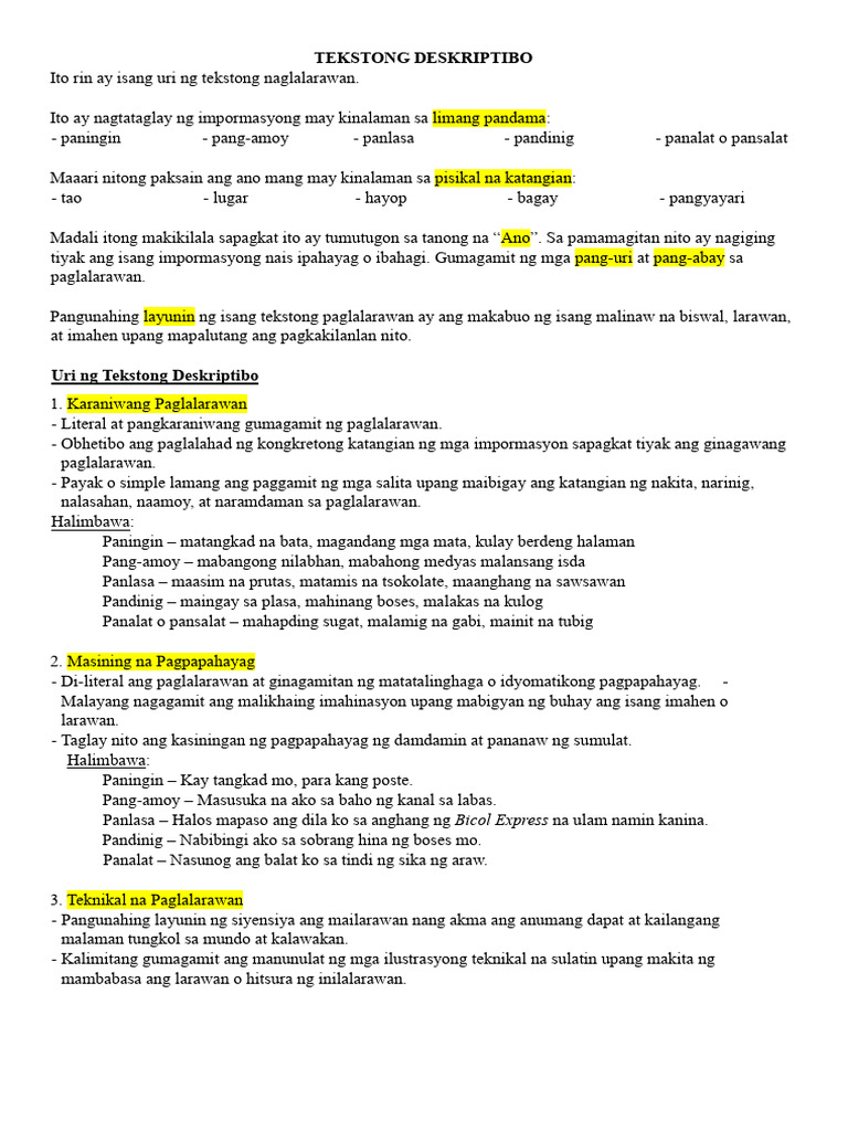 Tekstong Deskriptibo & Tekstong Naratibo | PDF