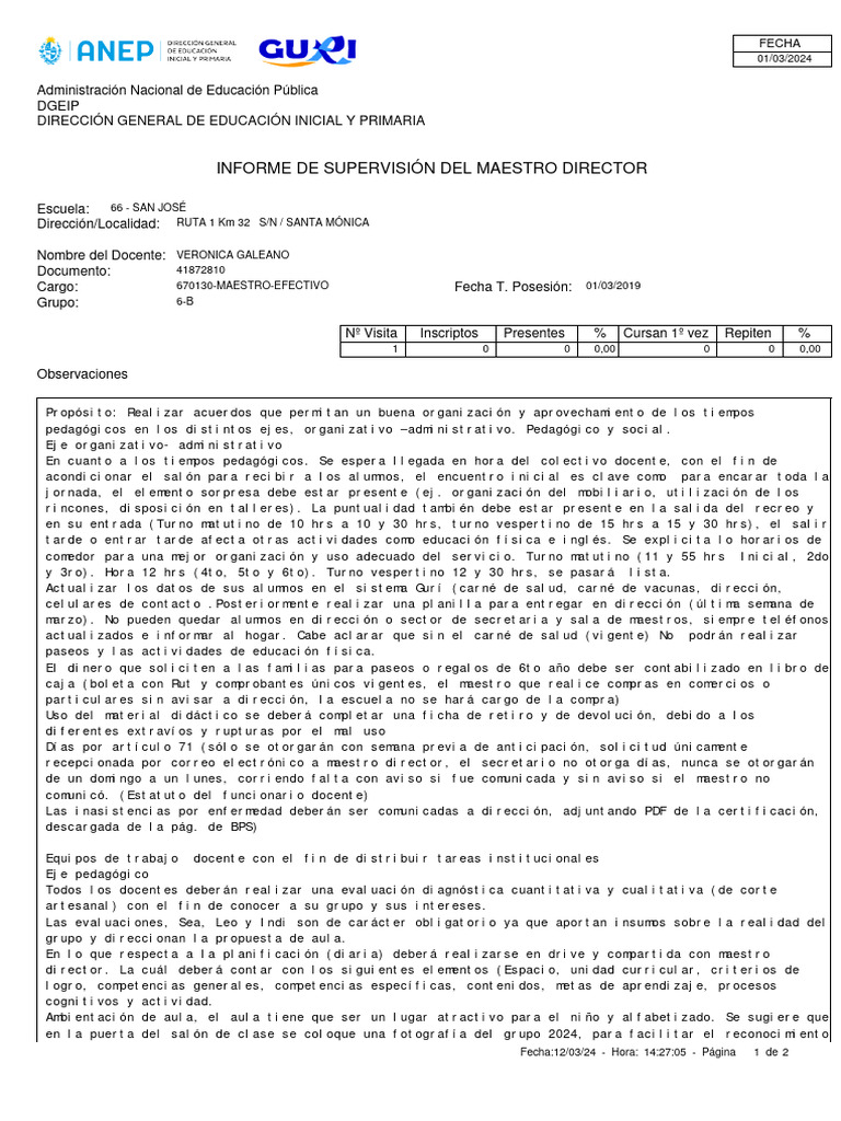 Informe de Supervisión Del Maestro Director: Fecha | PDF | Salón de clases | Educación de la ...