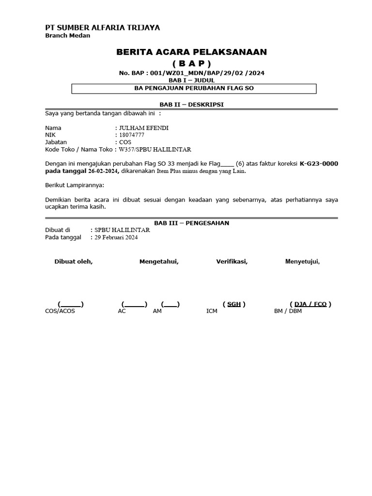 Bap Pengajuan Perubahan Flag So Spbu Halilintar 1 | PDF