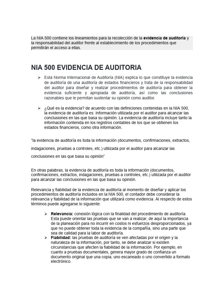 Nia 500 | PDF | Auditoría | Contralor