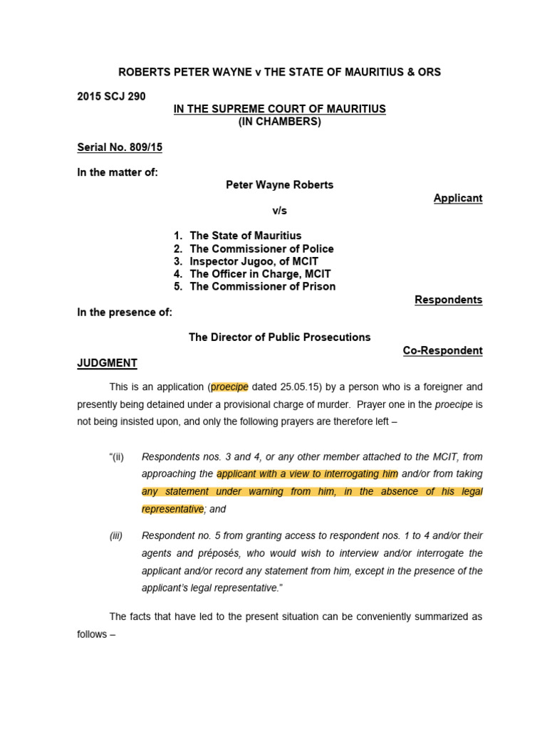 Roberts-Peter-Wayne-V-State-Mauritius-And-Ors-2015-Scj-Judge's Rule in Mauritius | PDF | Right ...