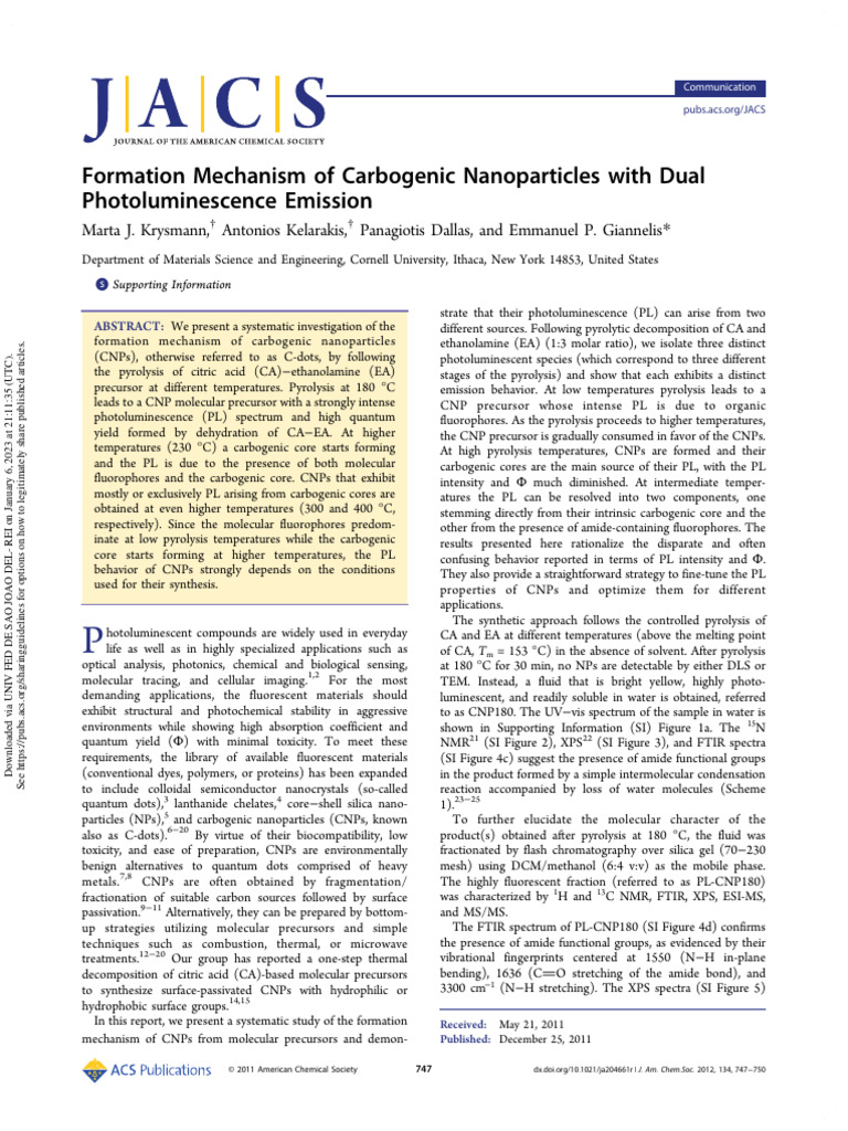 Formation Mechanism of Carbogenic Nanoparticles With Dual | PDF | Emission Spectrum | Silicon