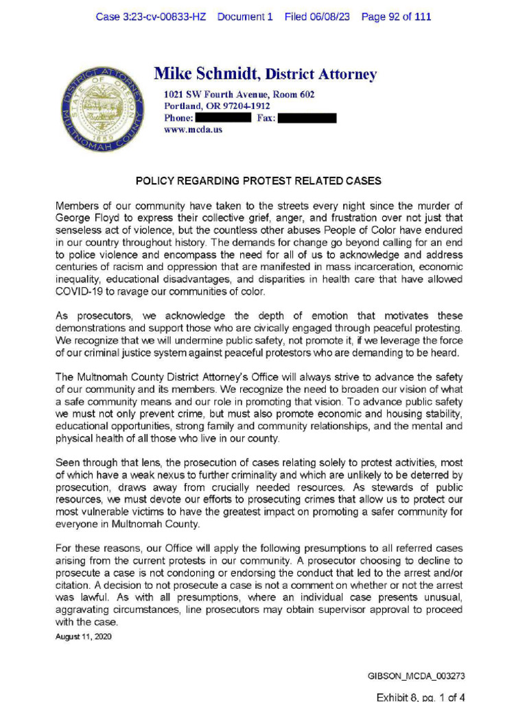 Multnomah County District Attorney Protest Policy | PDF