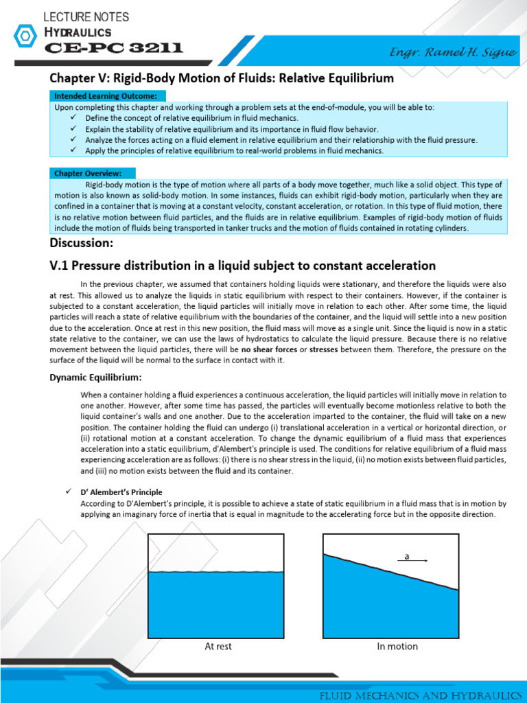 Fluid Motion: Relative Equilibrium Analysis | PDF | Force | Liquids