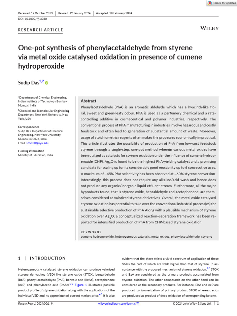 One Pot Synthesis of Phenylacetaldehyde From Styrene | PDF | Catalysis | Filtration