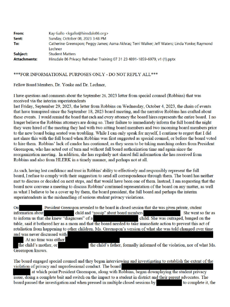 Kay Gallo Email To Hinsdale High School District 86 Board | PDF