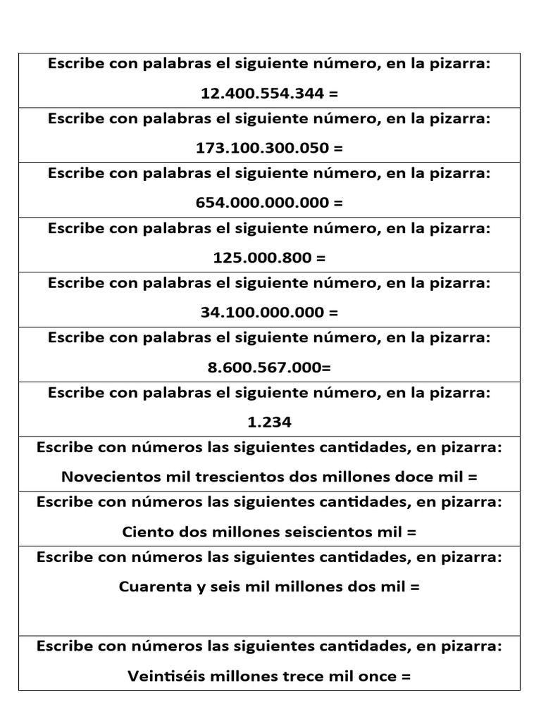 Lectura y Escritura de Numeros Al Billón | PDF